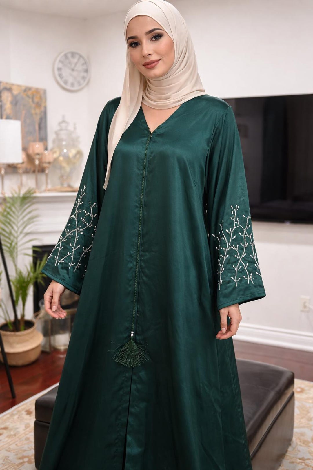 Emerald Abaya With Bead Work on Sleeves - Etsy