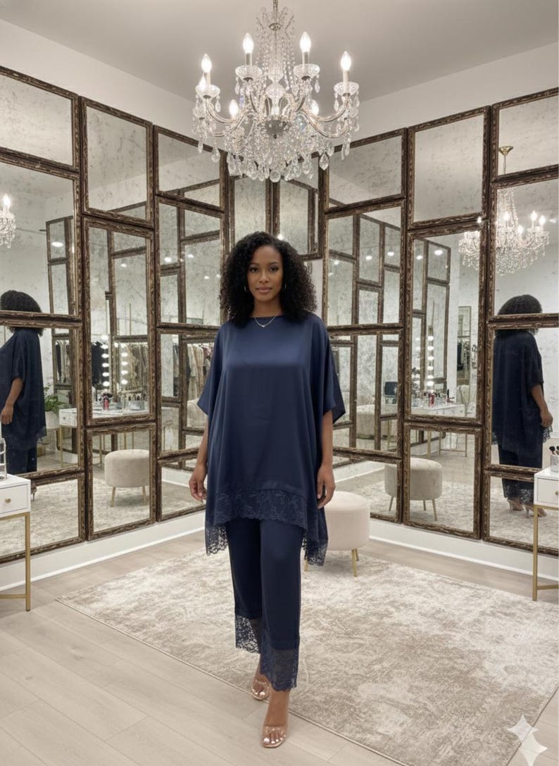 Navy Blue Satin Kaftan Set With Chantilly Lace - Etsy