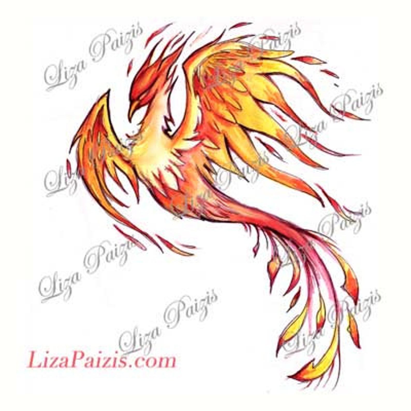 Fire Flame Phoenix Watercolor Tattoo Design by Liza Paizis - Etsy