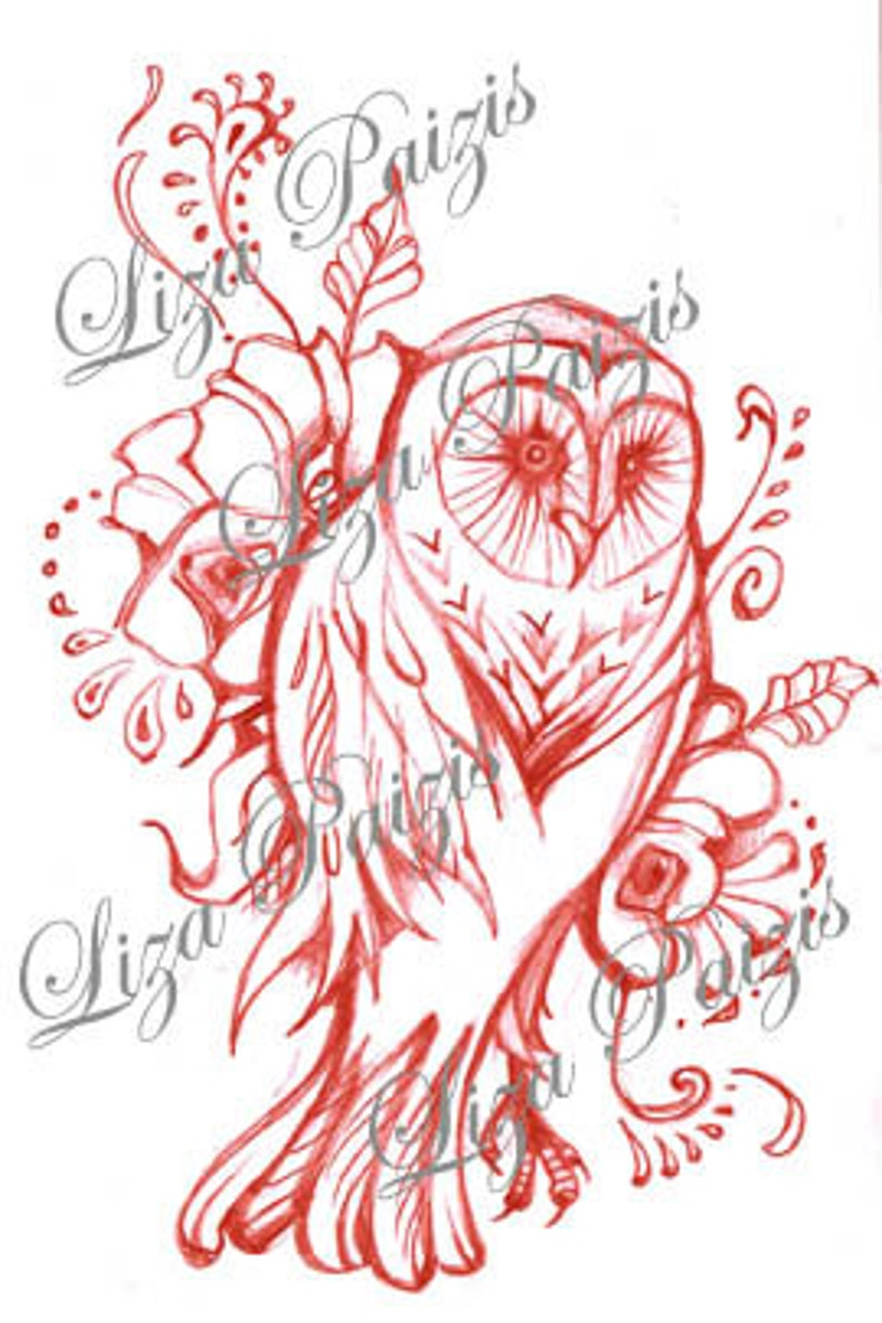 Red Owl Tattoo Design With Flowers Whimsical Art Steampunk Style From ...