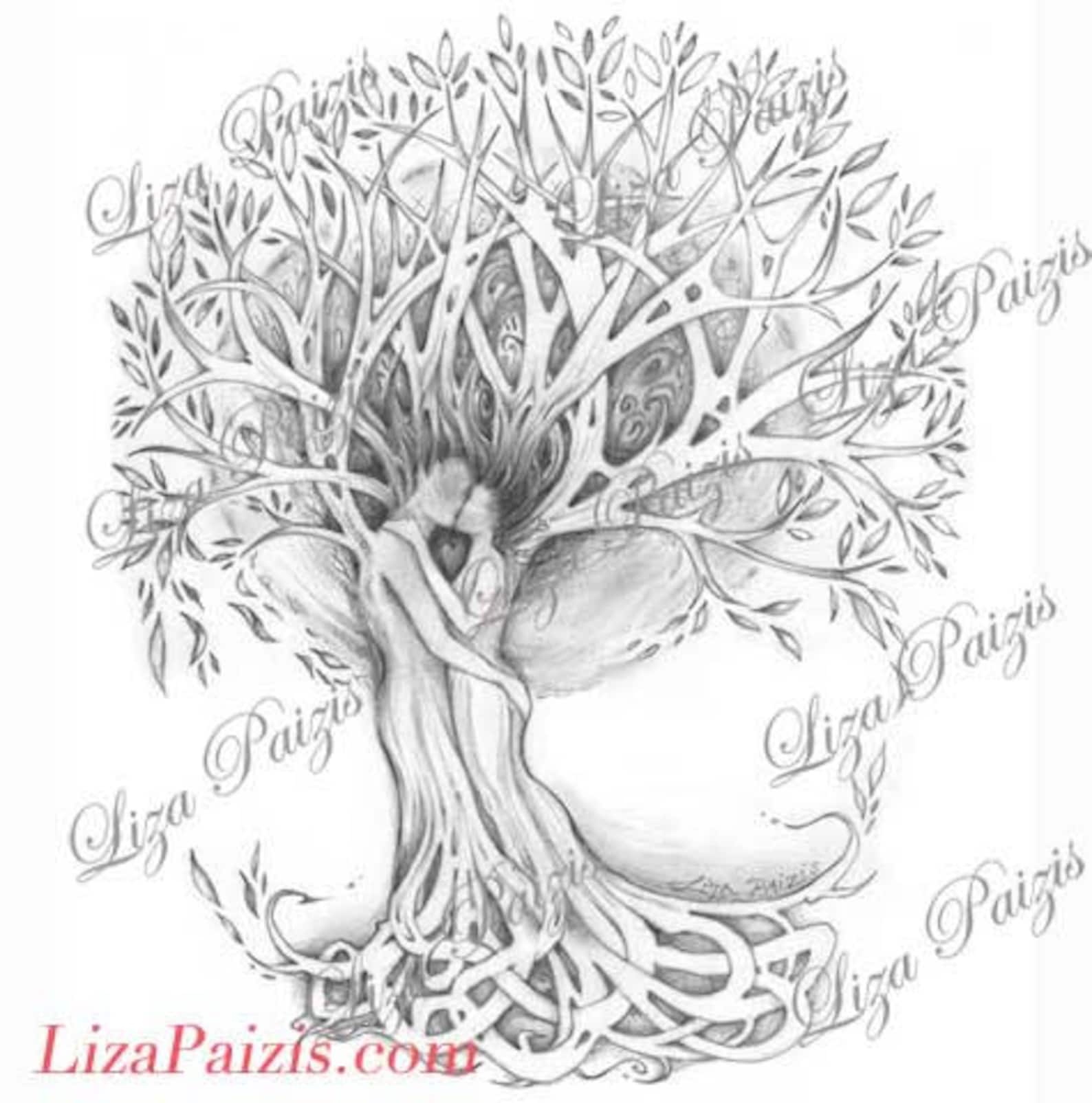 Tree of Love Tattoo Design Original Romantic Tree Drawing of Lovers ...