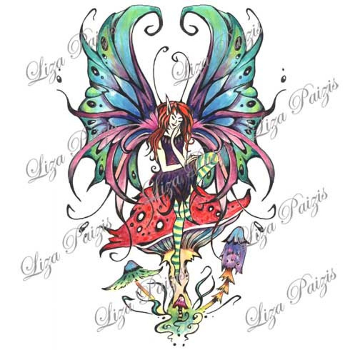 Fairy Tattoo Design Gothic Style Fairy Sitting on a Mushroom Striped ...