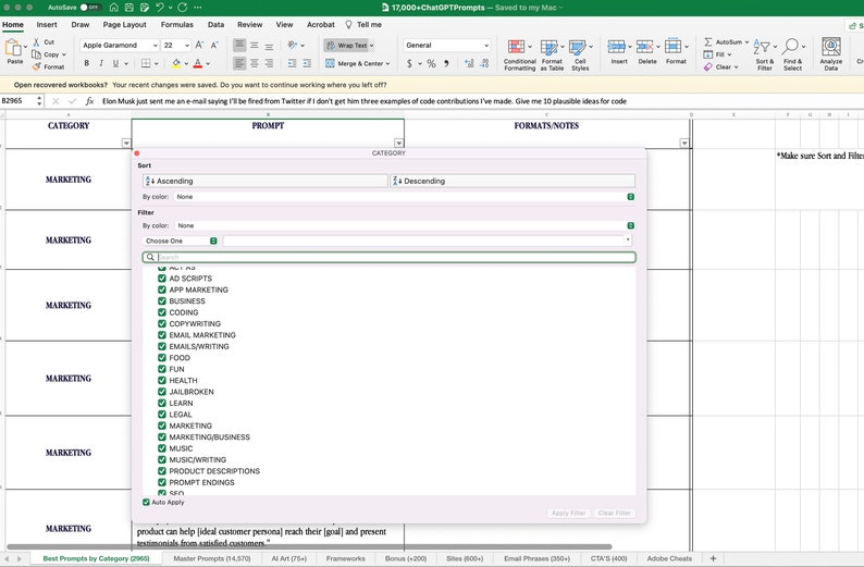 17,000 Chatgpt Prompts Excel Spreadsheet - Etsy