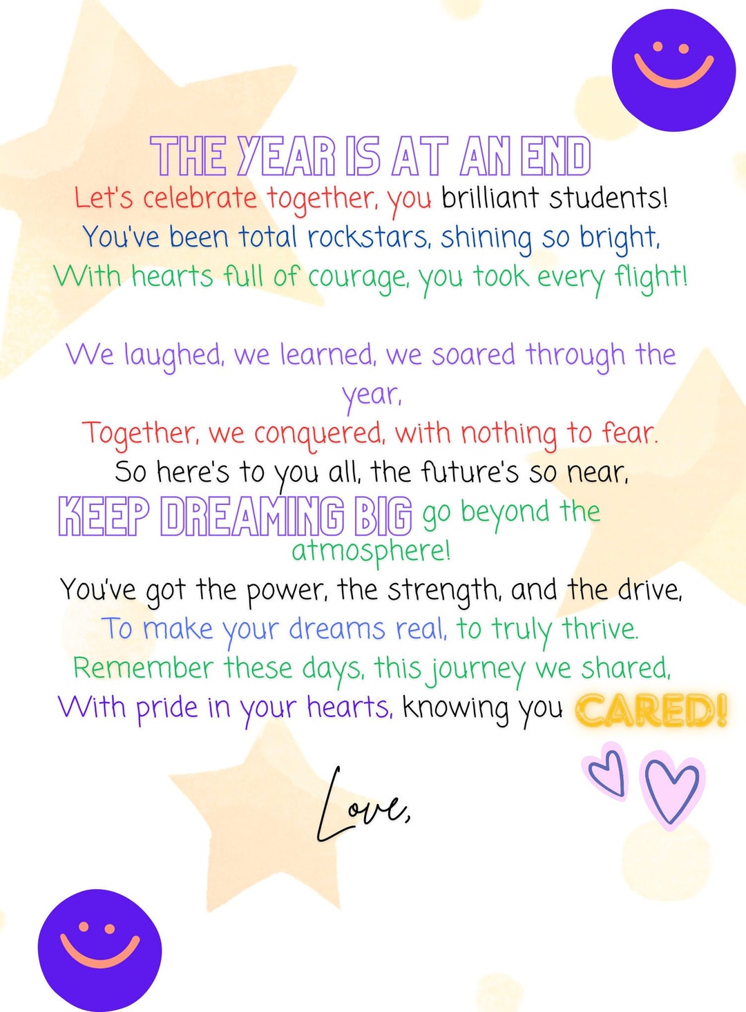 DIGITAL DOWNLOAD Poem to Student, End of School Year Printable Primary ...