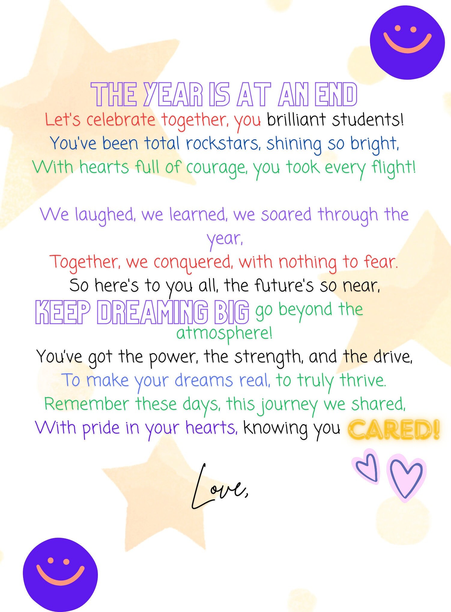 DIGITAL DOWNLOAD Poem to Student, End of School Year Printable Primary ...