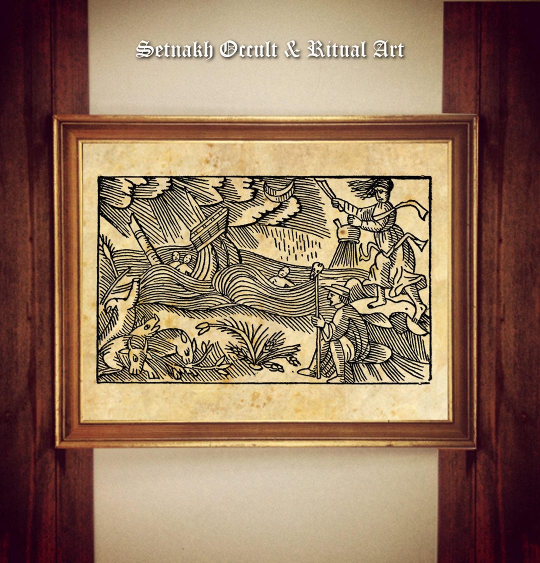 Witchcraft Woodcut Art Print – Woman Casting Storm Spell, Gothic Pagan ...
