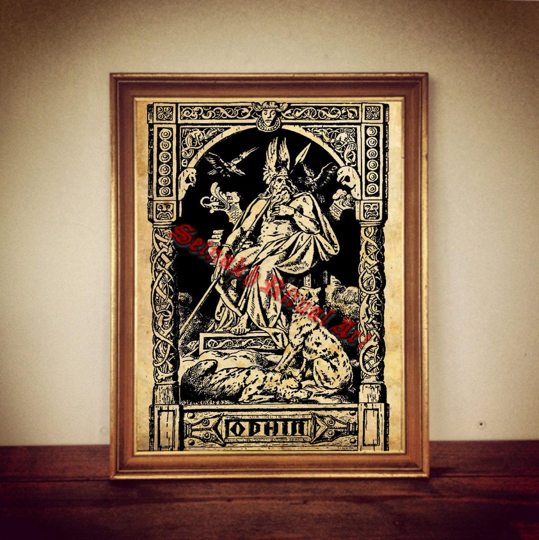 Viking Art - Odin With His Wolves Geri and Freki, Antiqued Print, Norse ...