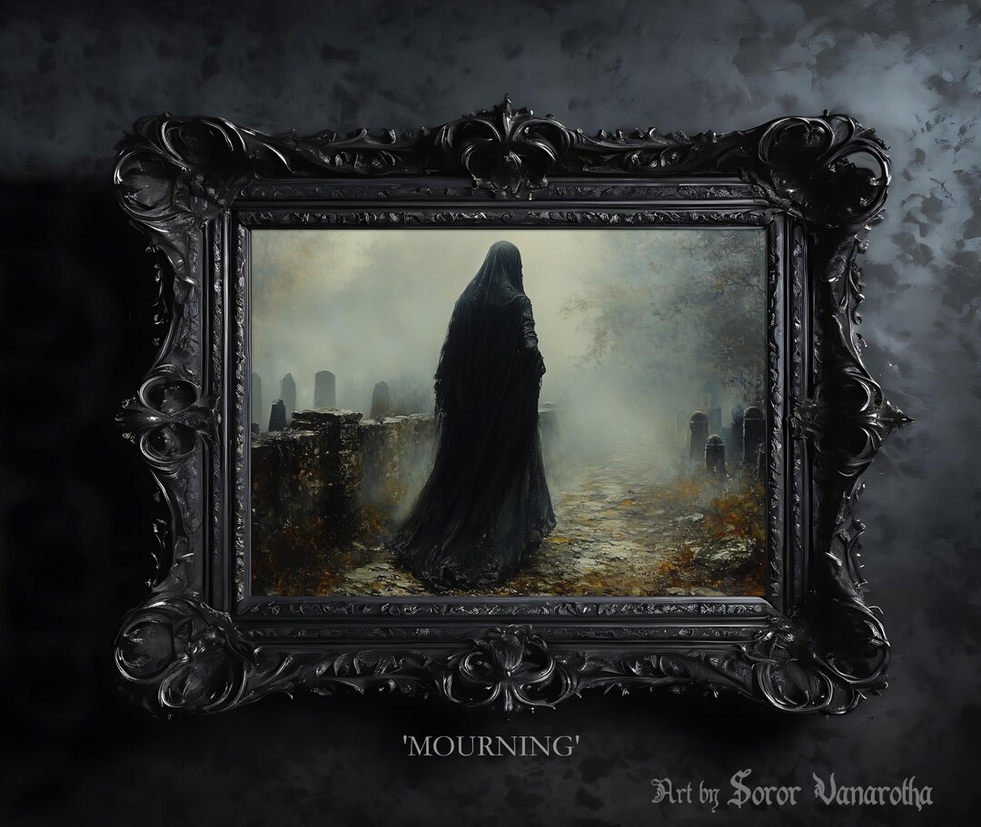Mourning Art Print - Mysterious Figure in Black Cloack on Cemetery ...