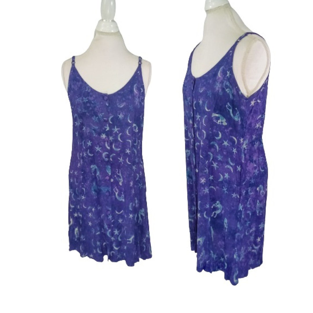 90s Purple Batik Sundress Kokopelli Print Front Button Strappy Dress ...