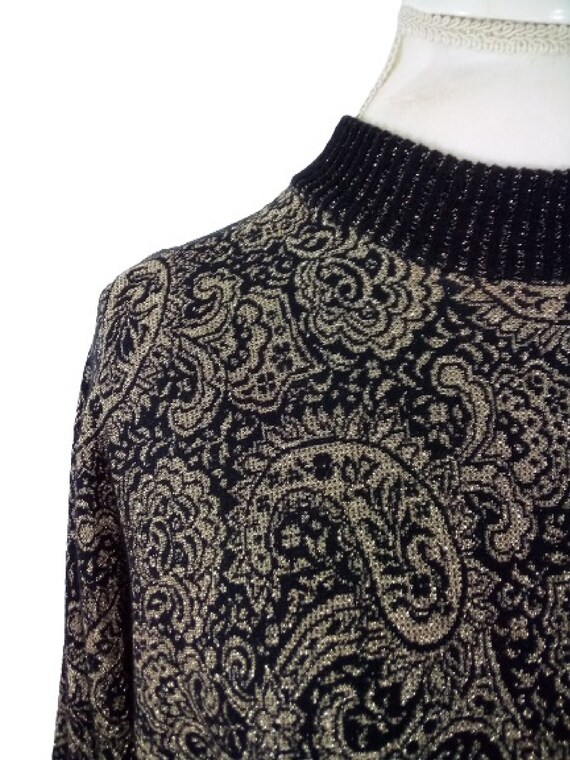 80s Black & Gold Pullover Sweater Metallic Thread Pai… - Gem