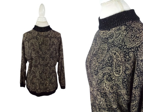 80s Black & Gold Pullover Sweater Metallic Thread Pai… - Gem