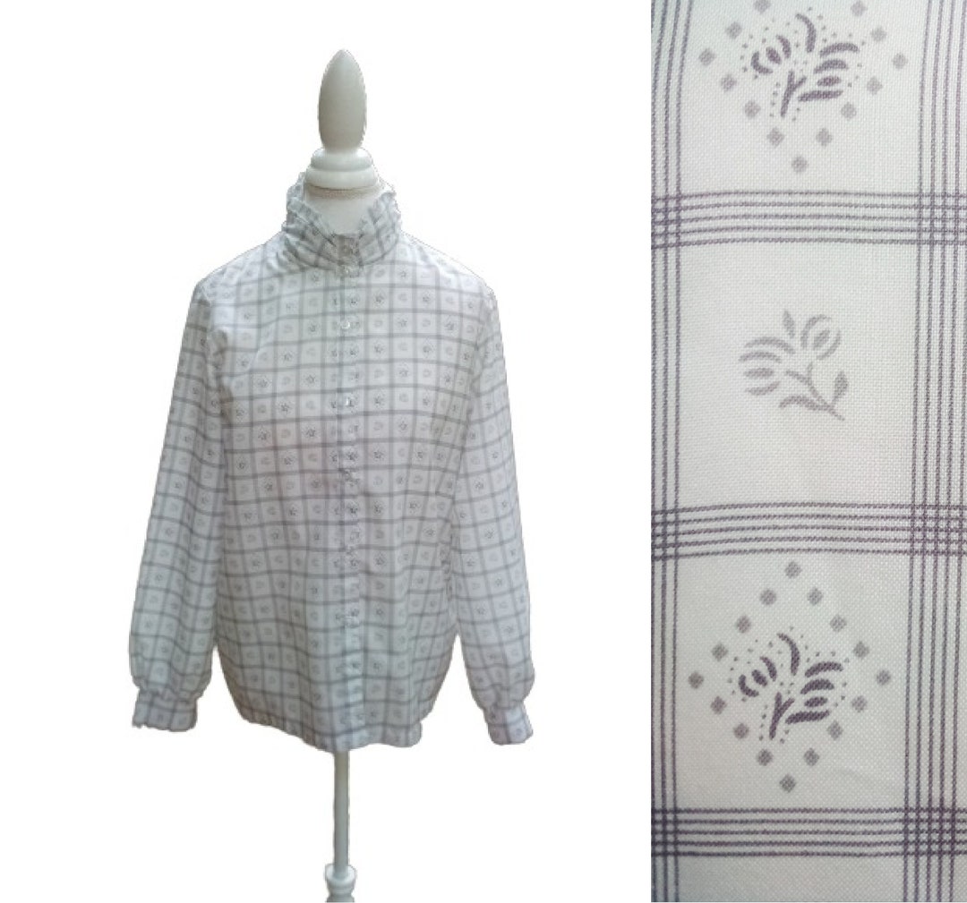 Cheryl Tiegs Two Tone Gray Striped Button up Blouse Ruched Collar ...