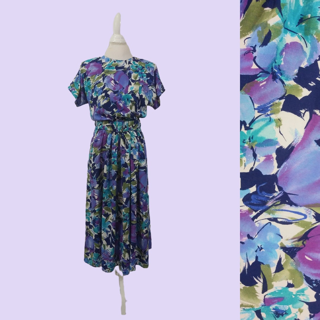 80s Paquette Too! Blue & Purple Floral Print Dress 100% Rayon Belted ...