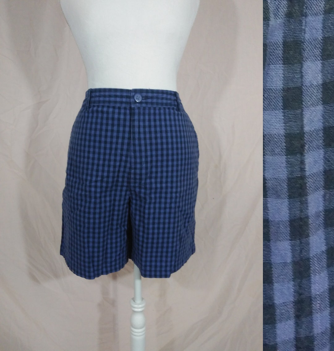 80s Blue Plaid Shorts Checkered High Waist Dress Shorts 100% Algodón ...