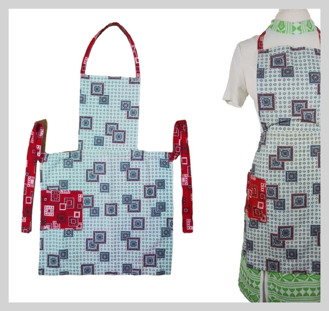 Vintage Bib Apron Blue & Red Box Print 100% Cotton - Etsy