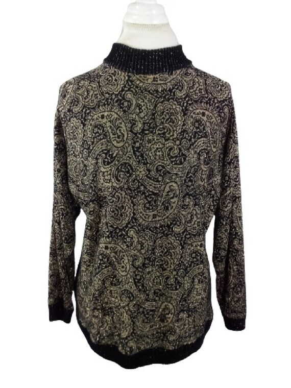80s Black & Gold Pullover Sweater Metallic Thread Pai… - Gem