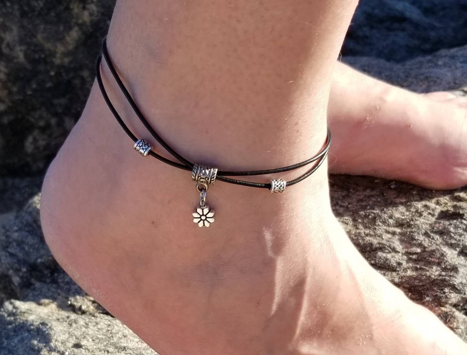 Handmade Black Faux Leather Anklet, Bead Ankle Bracelet, Minimalist ...