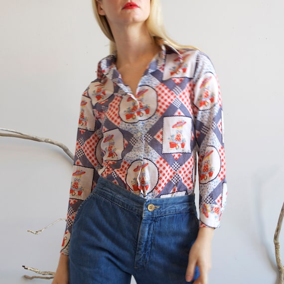 Patchwork print 70s dagger collar shirt / sz XXS / XS - Gem