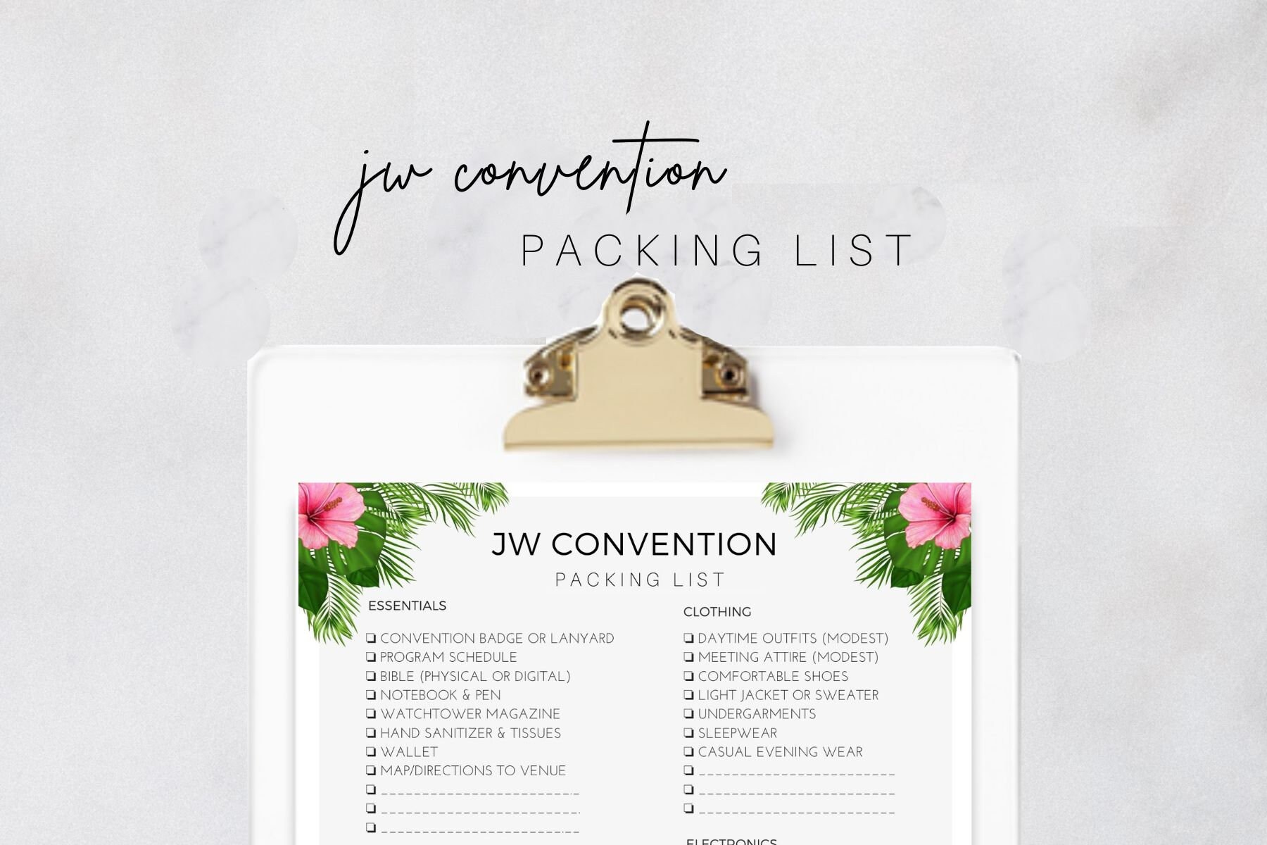 JW Convention Packing List Printable (tropical Flowers) - INSTANT ...