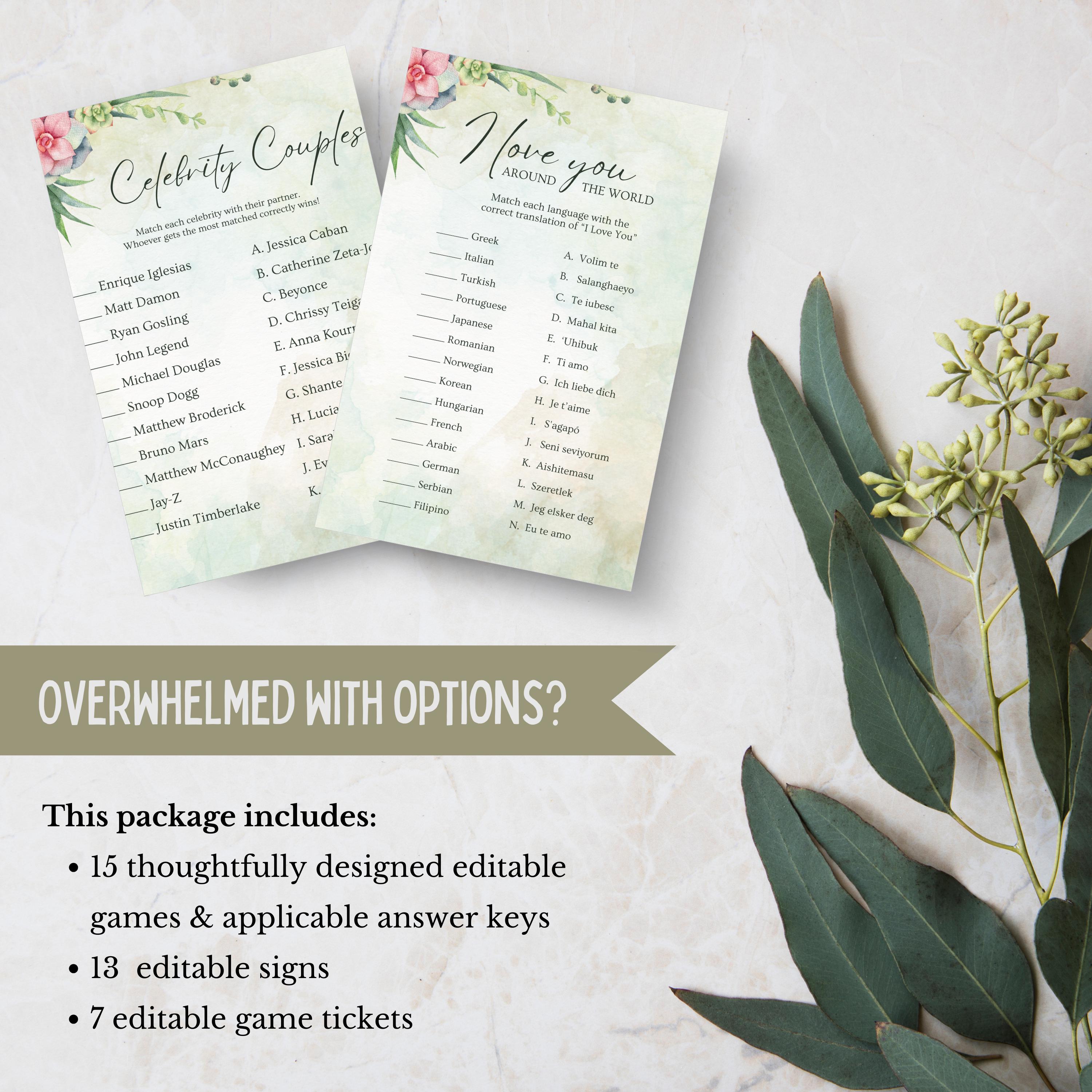 Succulent Canva Editable Bridal Shower Curated Game Bundle | Wedding ...