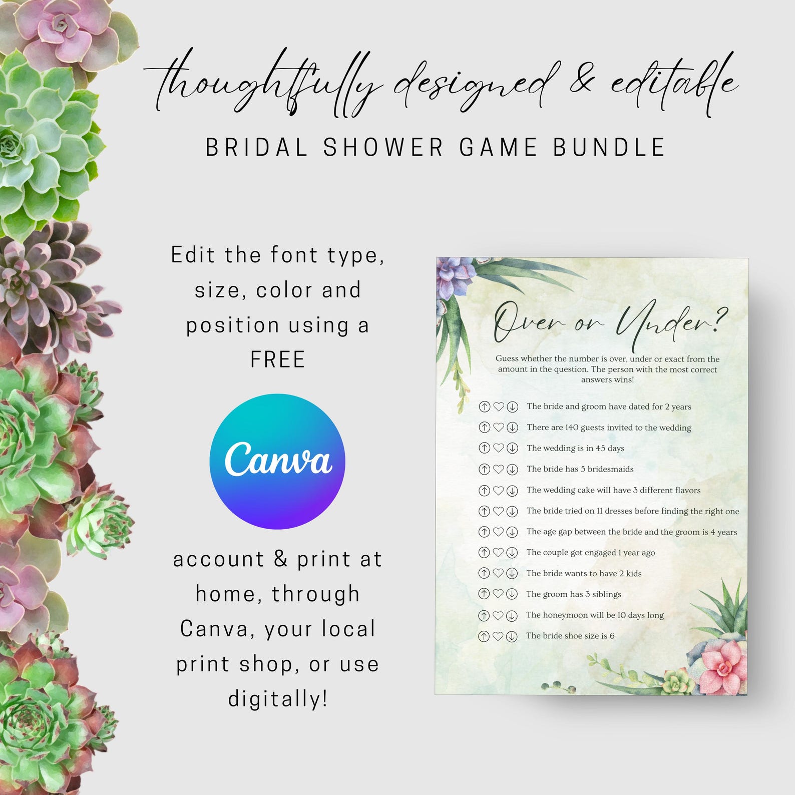 Succulent Canva Editable Bridal Shower Curated Game Bundle | Wedding ...