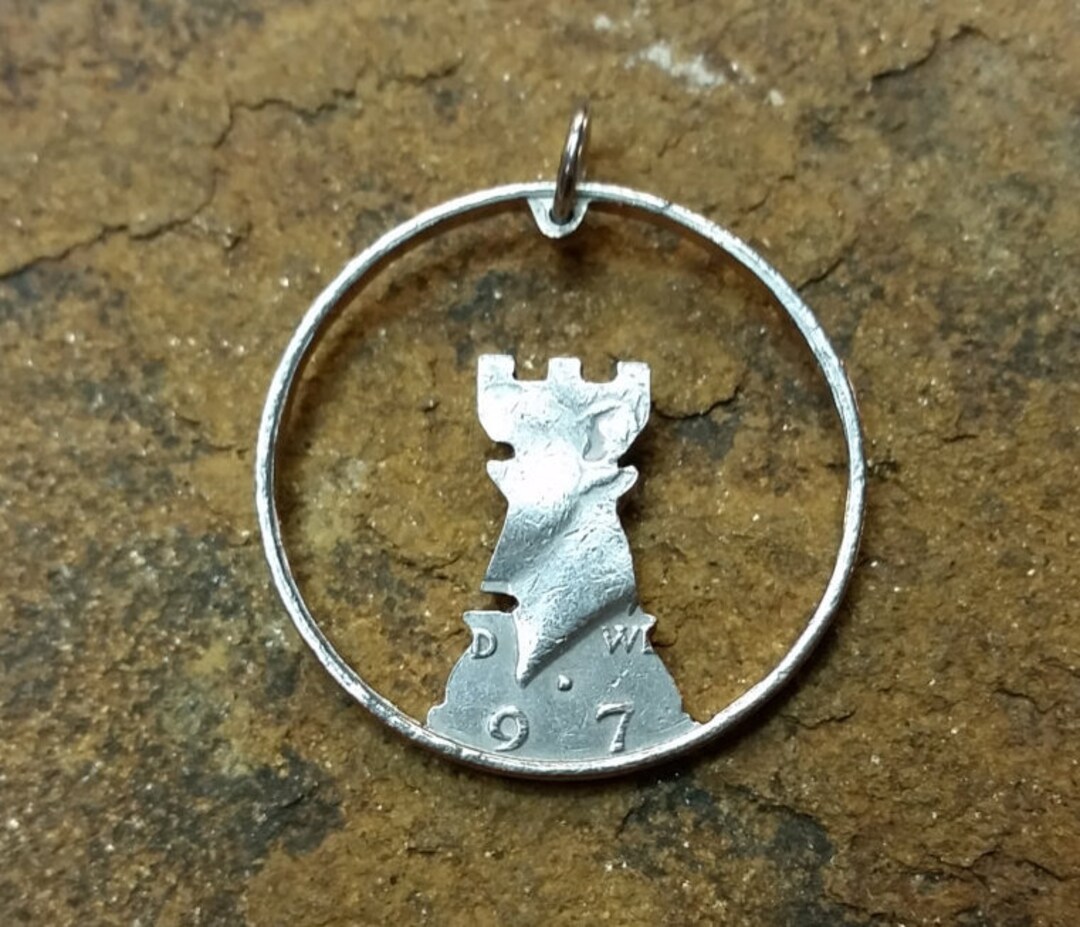 Chess Rook Pendant Castle Pendant Rook Necklace Castle Hand Cut Coin ...