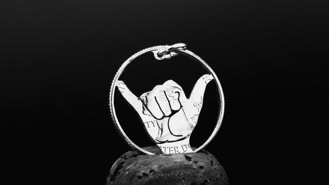 Hand-cut Shaka Sign Coin Pendant Necklace - Unique Hang Loose Surfer ...