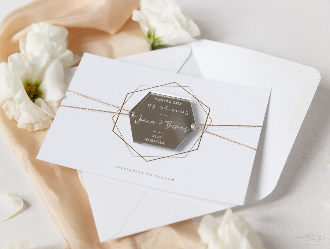 Modern Hexagon Plexi Mirror Save the Date Magnets | Save the Date Cards ...