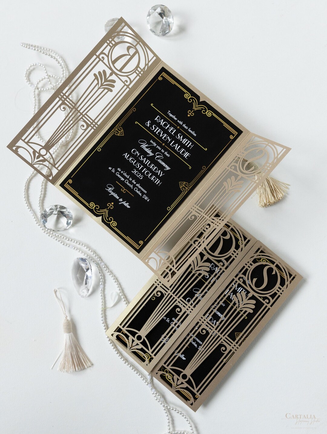 Art Deco Great Gatsby Black & Gold Gatefold Wedding Invitation Monogram ...