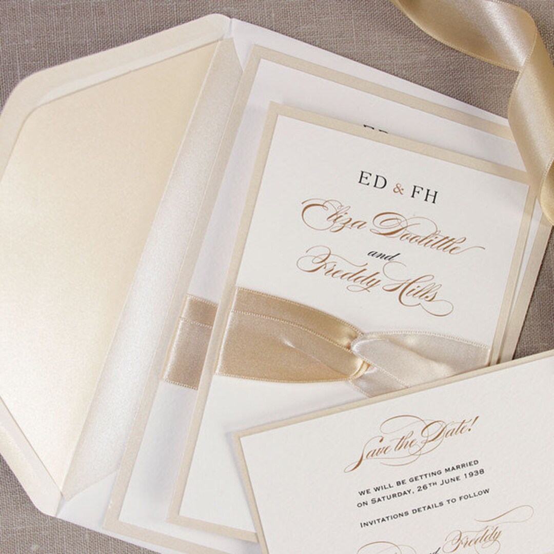 Satin Ribbon Ivory Cream Paper Wedding Day Invitation With ...