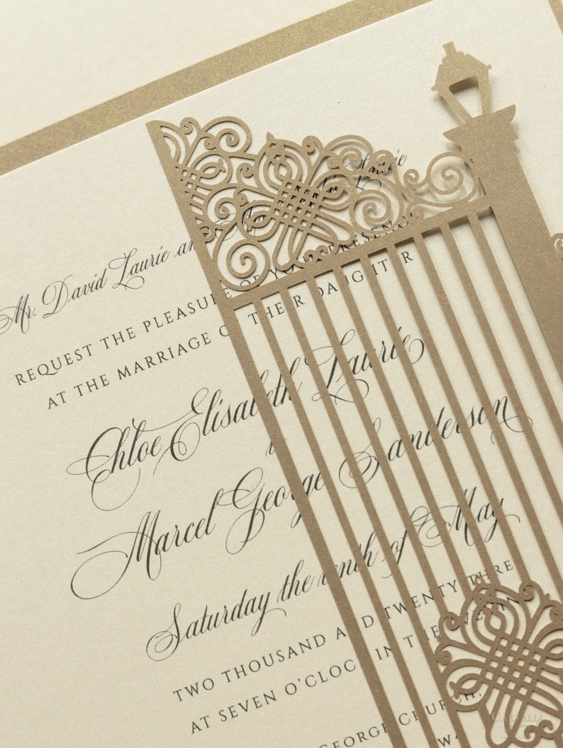 Intricate Venue Gate Wedding Invite With Belly Band in Gold Romantic ...