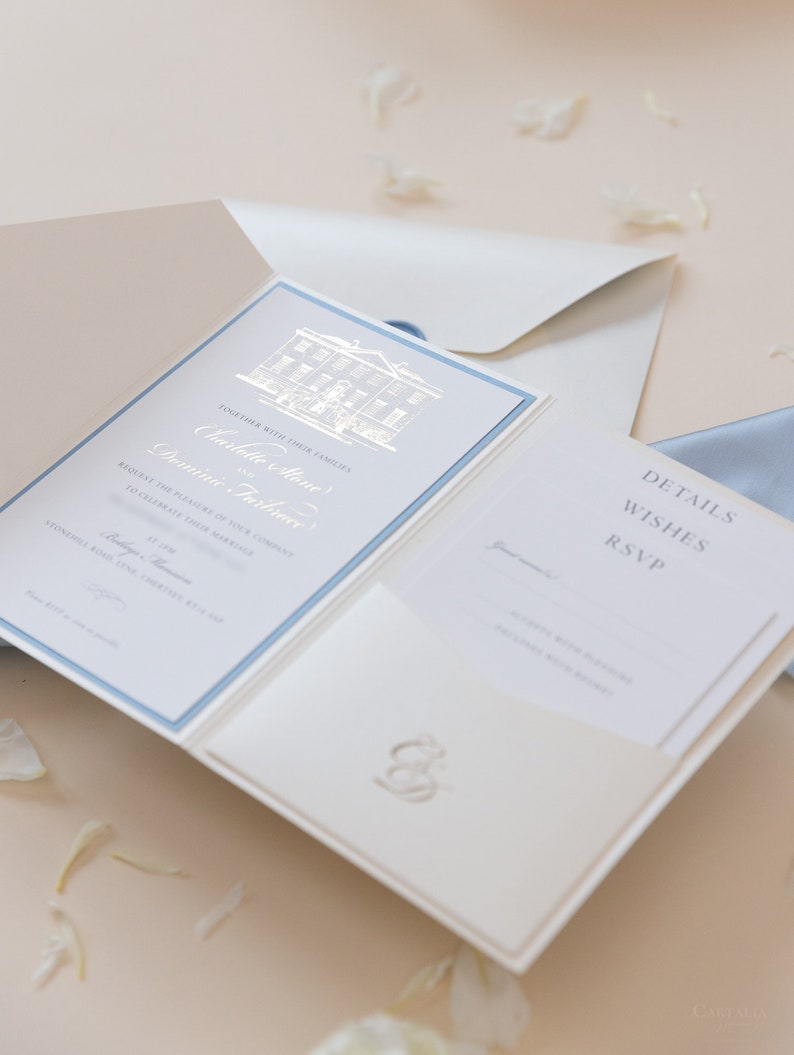 Bespoke Wedding Venue Illustration Venue Invitation in Dusty Blue ...