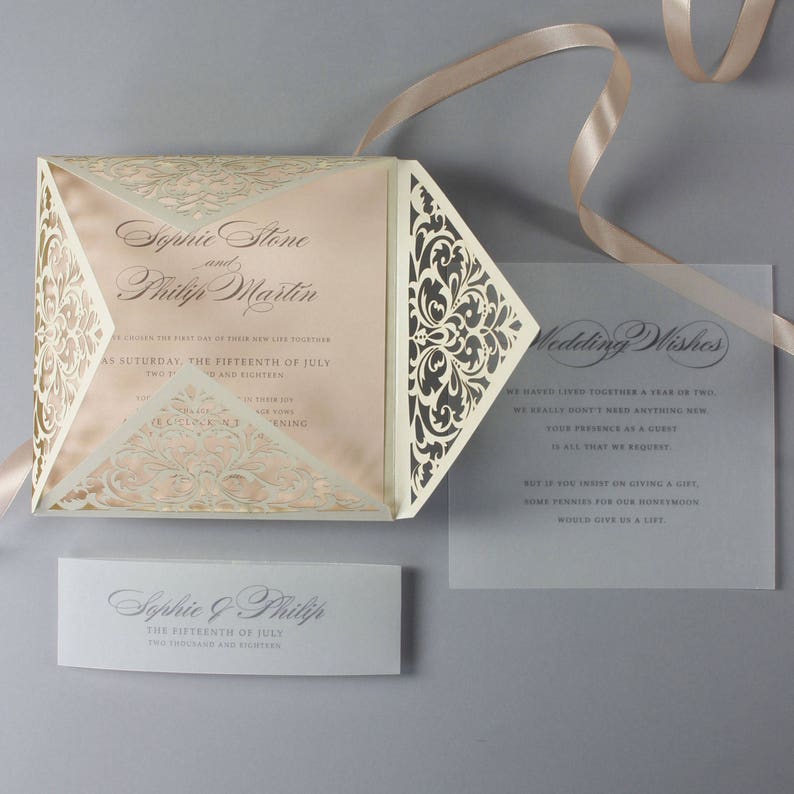 Champagne Luxury Pocket Envelope Laser Cut Wedding Invitation | Etsy UK