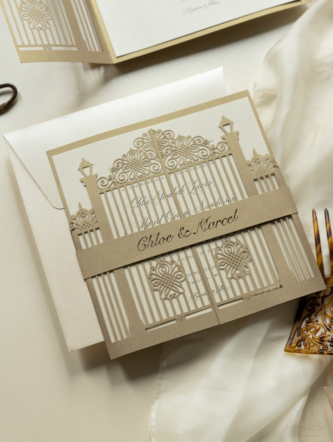 Intricate Venue Gate Wedding Invite With Belly Band in Gold Romantic ...