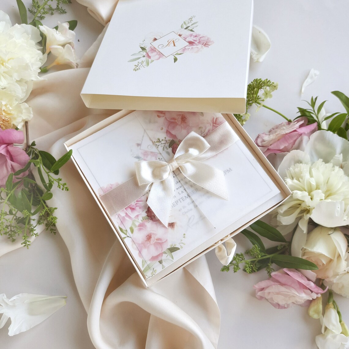 Boxed Luxury Wedding Invitation With Vellum Enclosure & French Satin ...