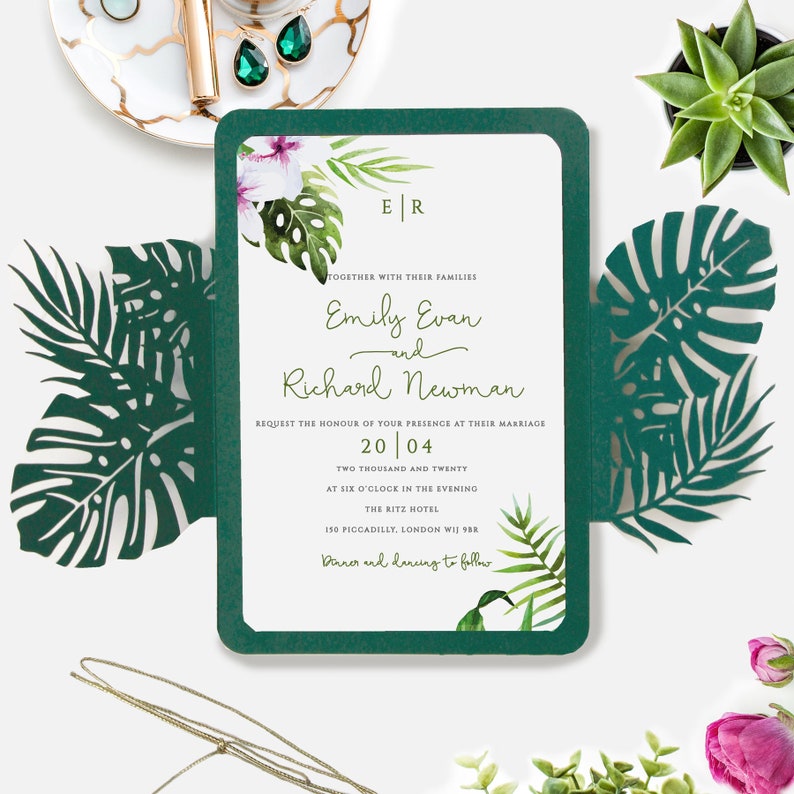 Monstera Invitation Green Leaf Laser Cut Wedding | Etsy