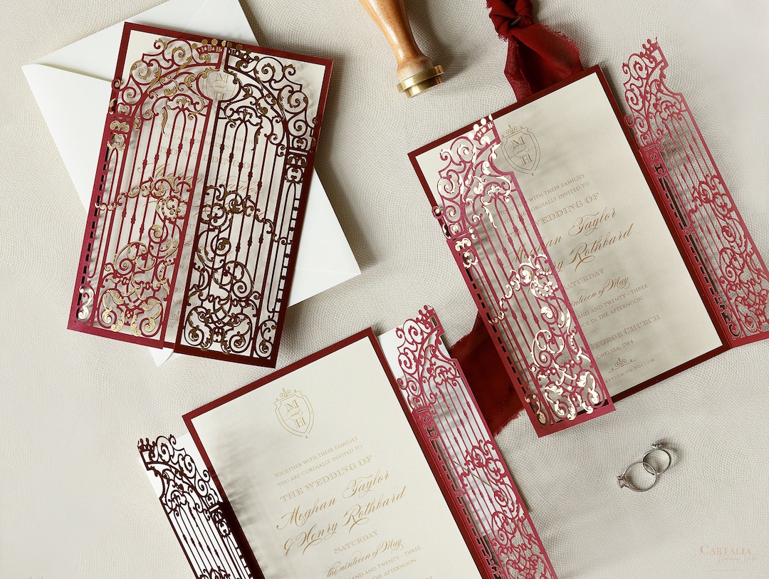 Stunning Marsala Ornamental Gate Laser Cut Wedding Invitation Gatefold ...