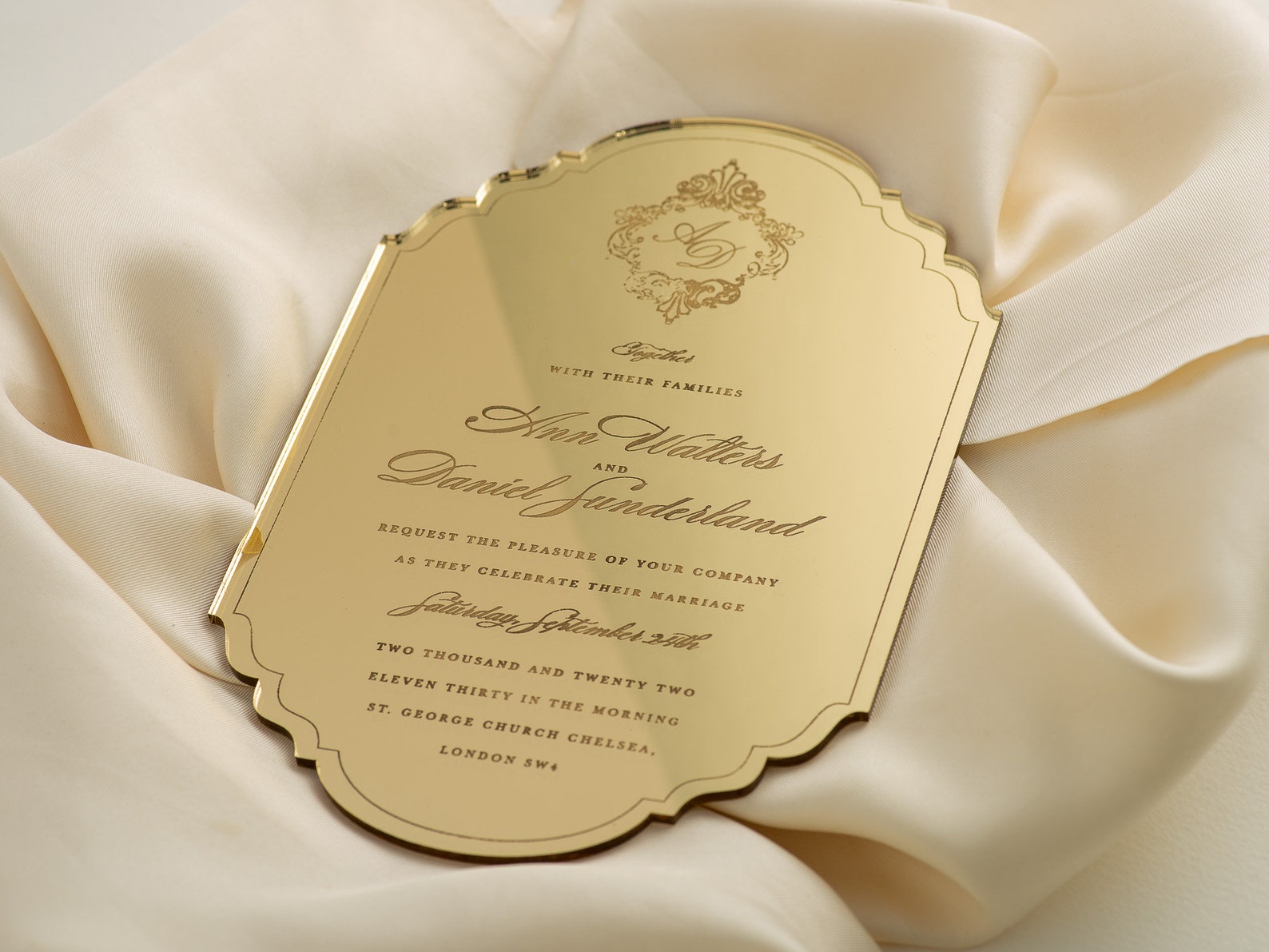 Luxury Boxed Invitation: Monogram Frame Mirror Gold Plexi Wedding ...