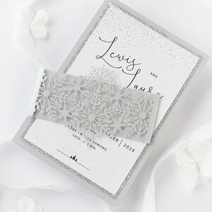 White Winter Wedding Invitations , Snowflake Laser Cut Band Reception ...
