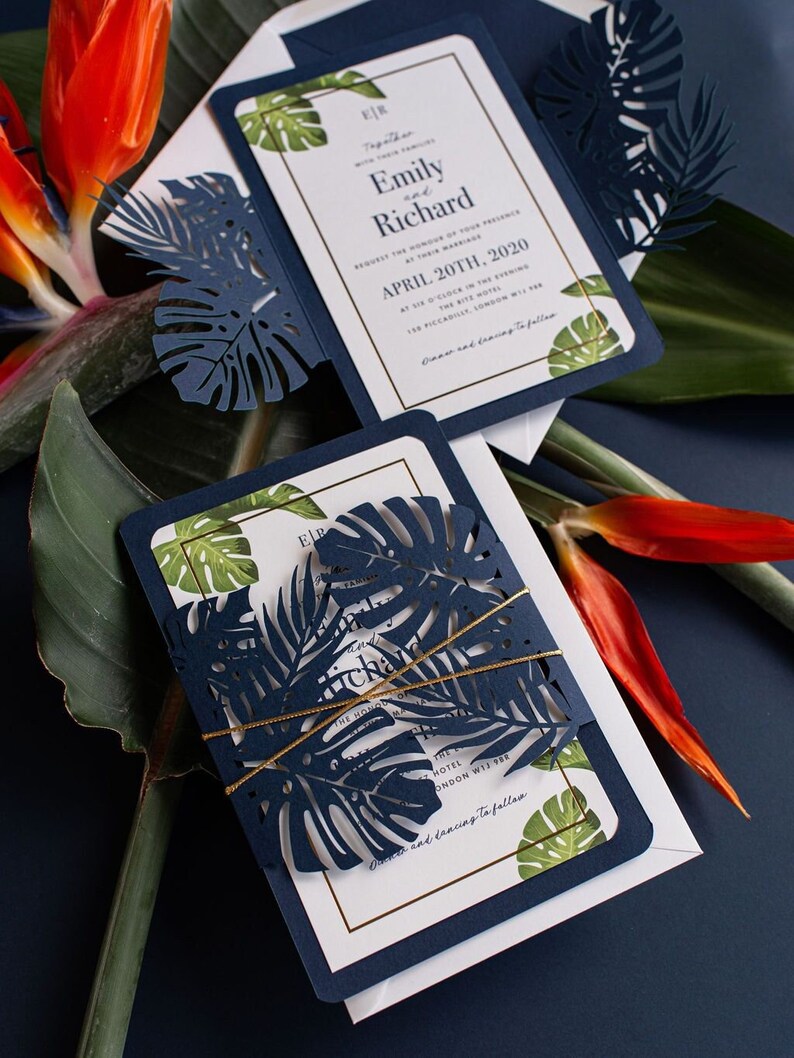 Monstera Invitation Navy Blue Leaf Laser Cut Wedding - Etsy