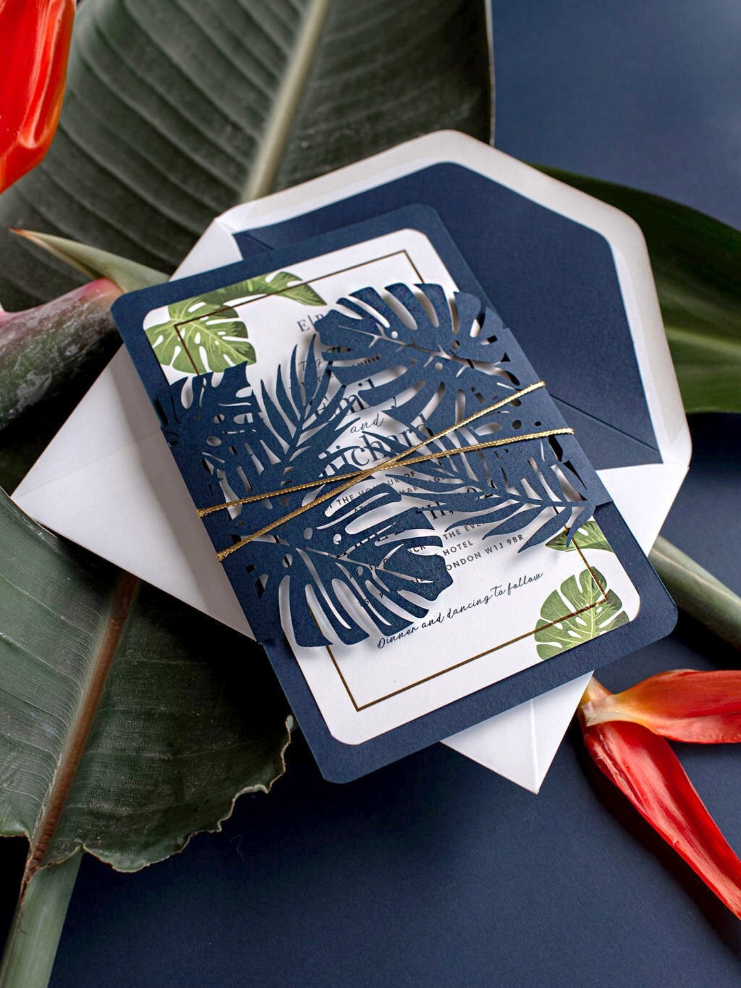 Monstera Invitation Navy Blue Leaf Laser Cut Wedding Invitation ...