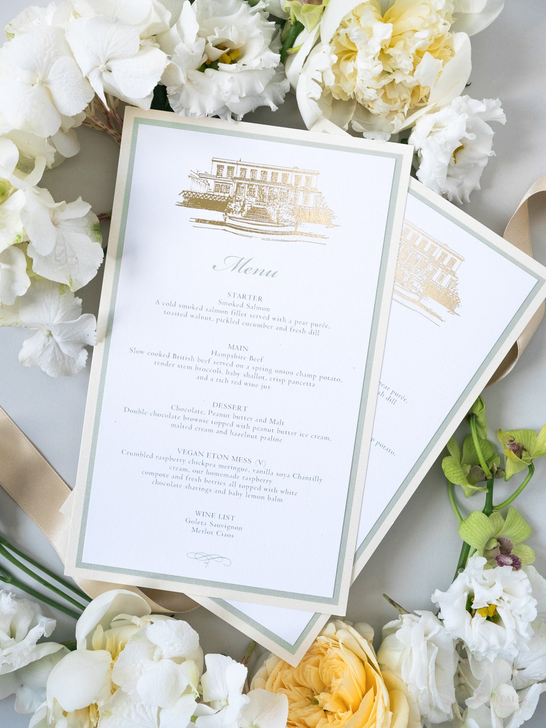 Triple Mounted Sage Green & Champagne Menu With Venue Sketch in Foil ...