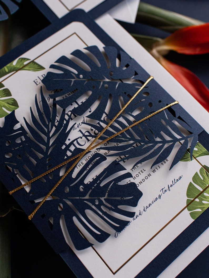 Monstera Invitation Navy Blue Leaf Laser Cut Wedding - Etsy