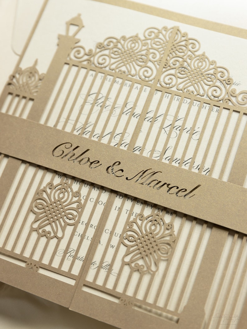 Intricate Venue Gate Wedding Invite With Belly Band in Gold Romantic ...