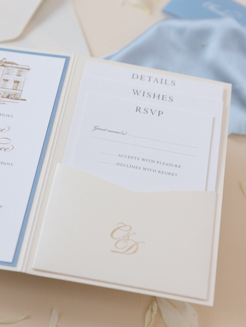 Bespoke Wedding Venue Illustration Venue Invitation in Dusty Blue ...
