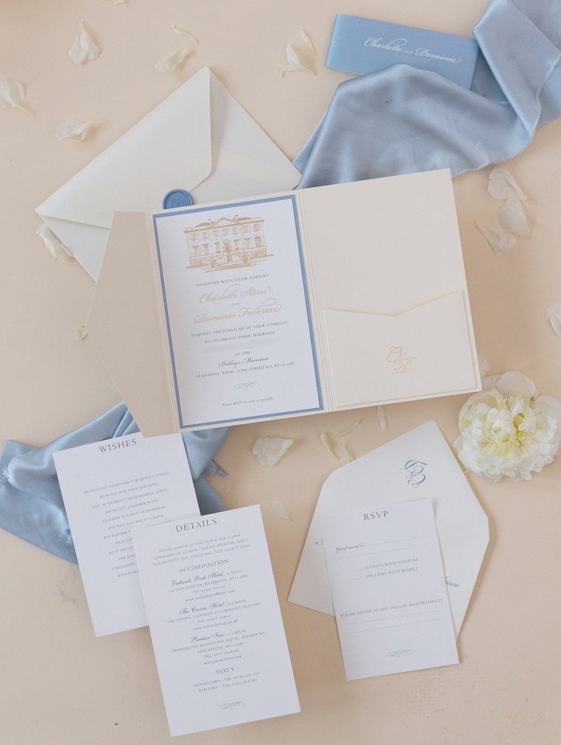 Bespoke Wedding Venue Illustration Venue Invitation in Dusty Blue ...