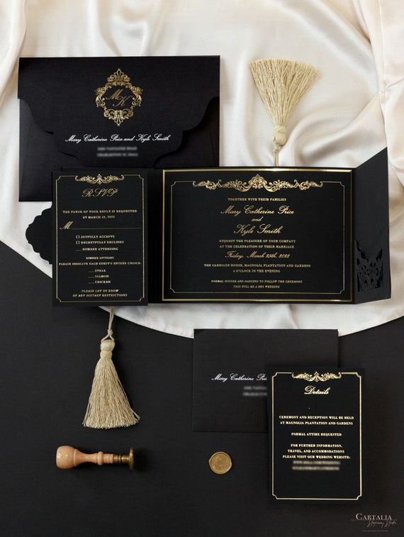 Luxury Wedding Invitation Black Velvet Pocket Fold Suite And Etsy