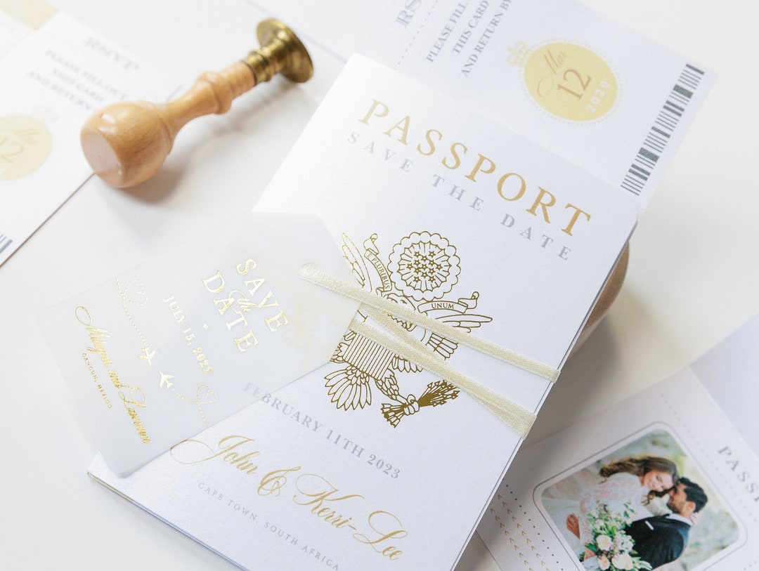 Passport Wedding Save the Date Vellum With Gold Foil Boarding Pass ...