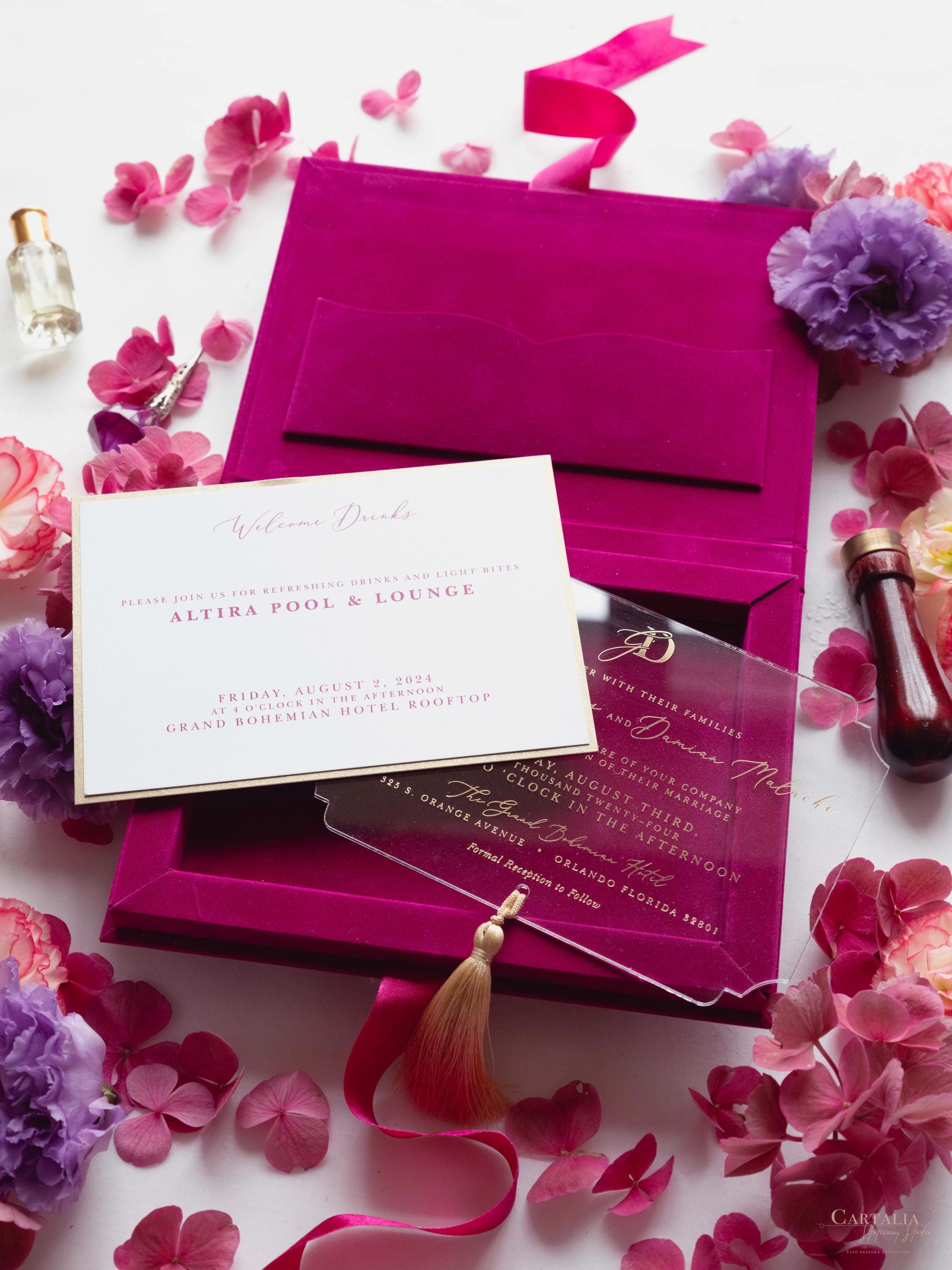Luxury Boxed Wedding Invitation in Premium Velvet in Fuchsia Pink ...