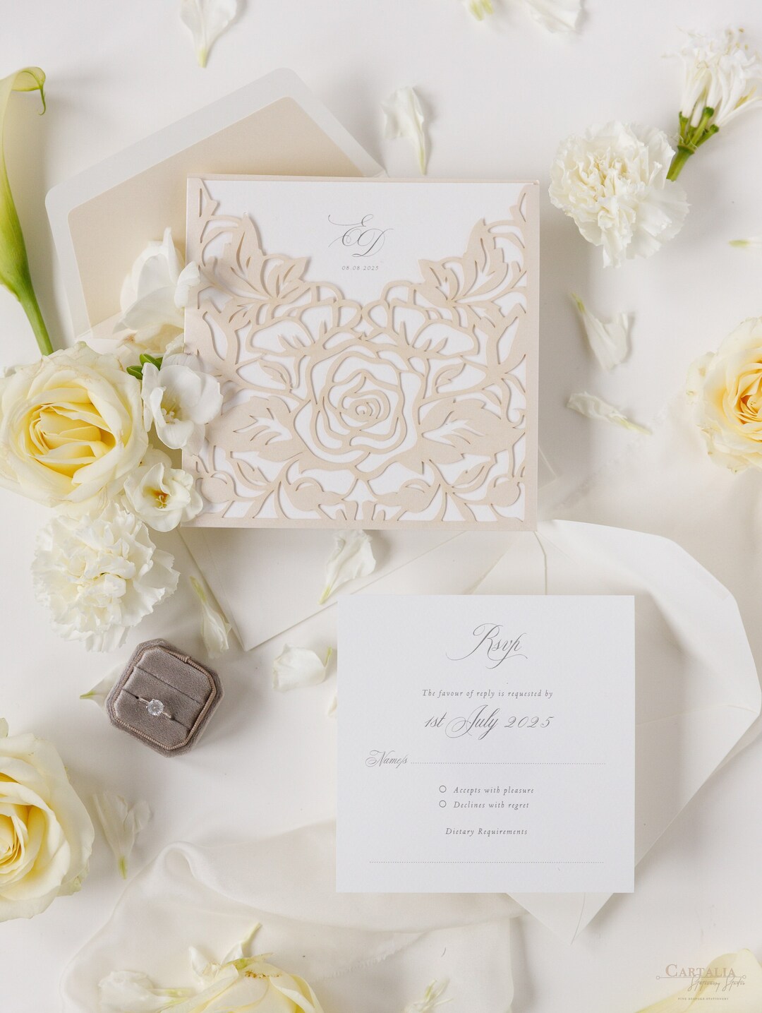 Laser Cut Floral Wedding Invitation, Day Invitation & Pull Out Folder ...